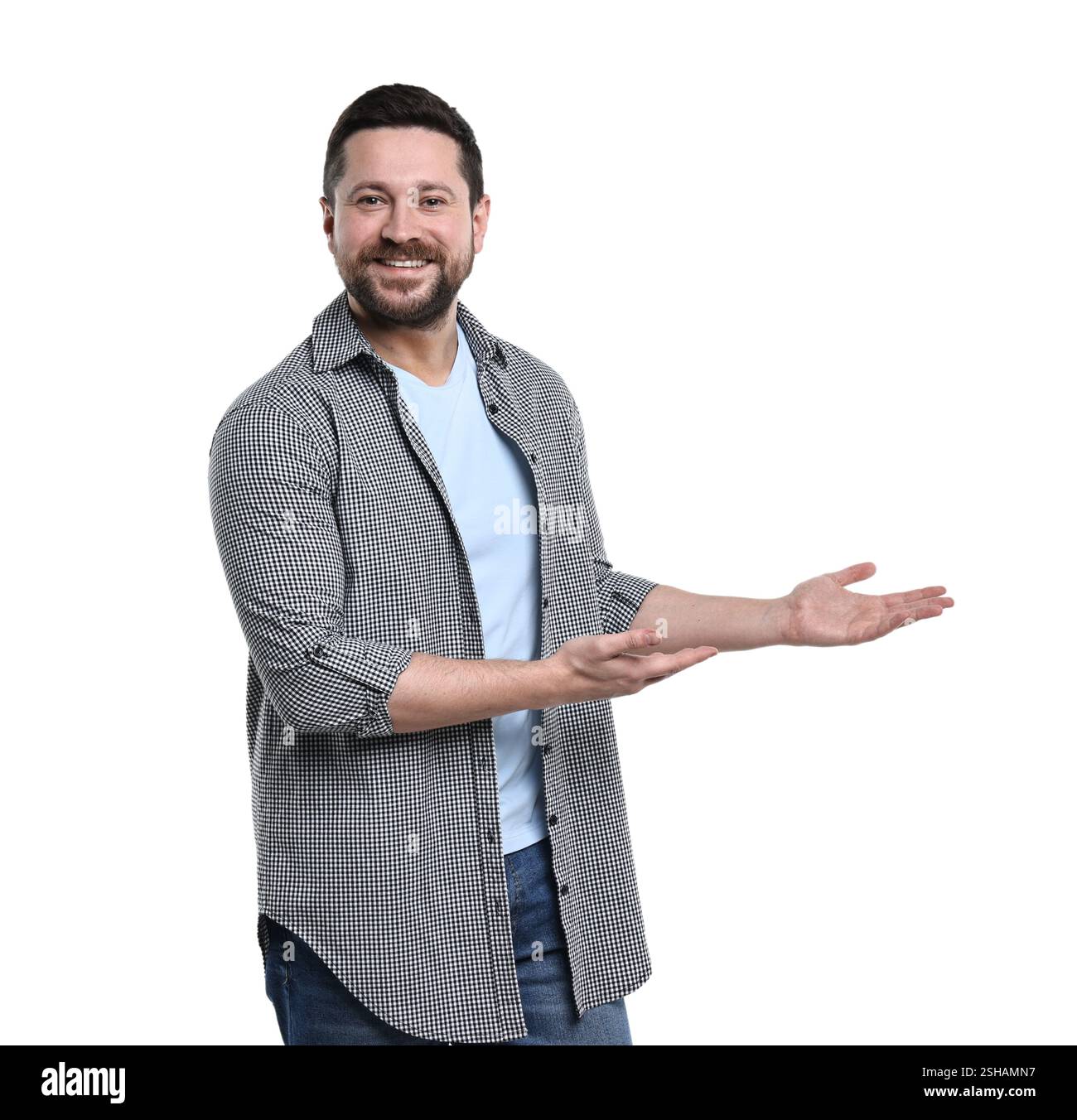 Happy man welcoming friends or guests on white background Stock Photo ...