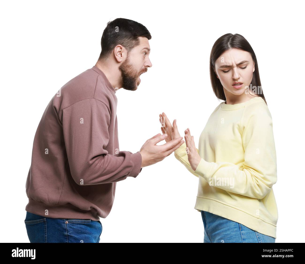 Angry couple arguing and screaming on white background Stock Photo - Alamy