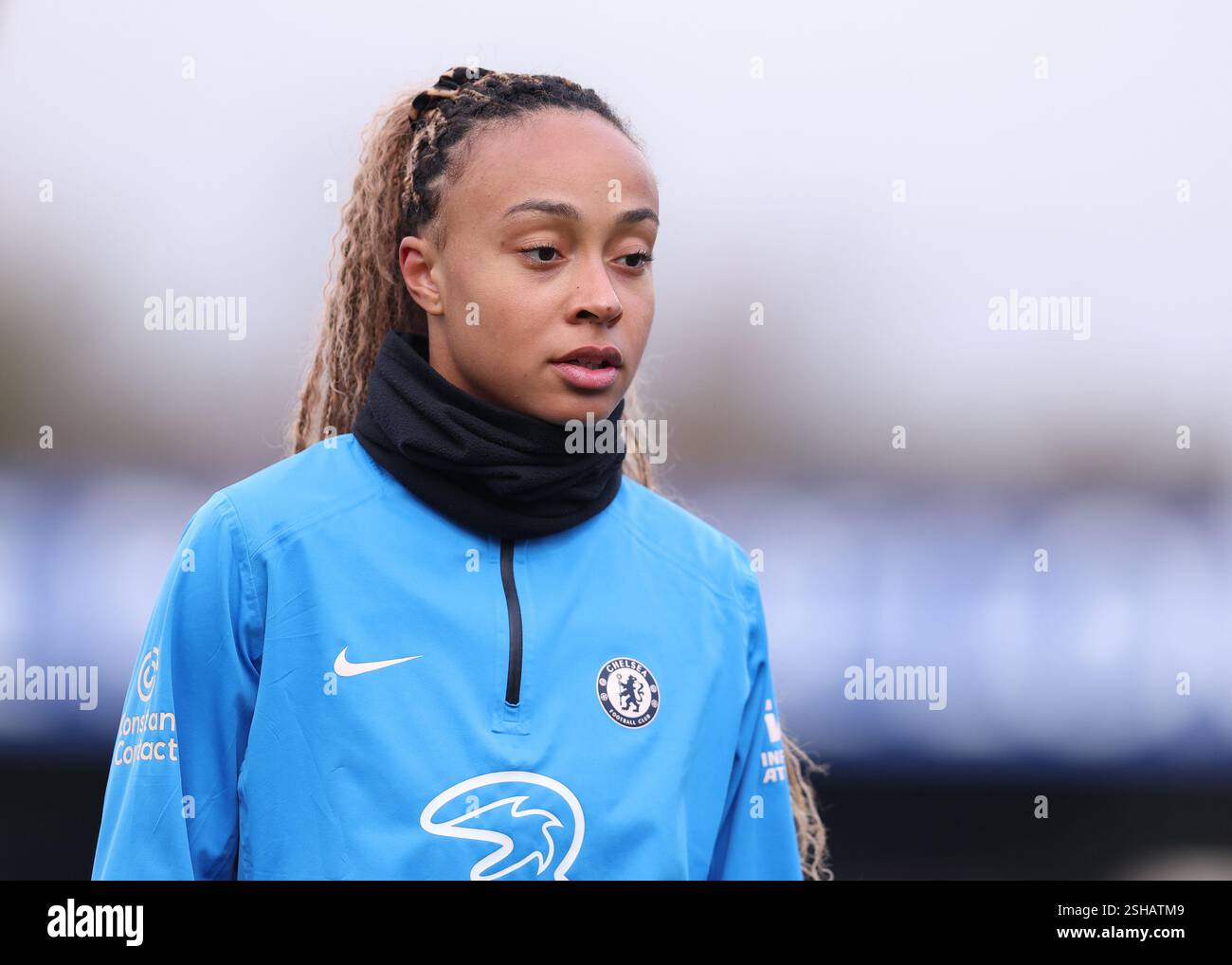 Kington Upon Thames, UK. 9th Feb, 2025. Maelys Mpome of Chelsea warms ...