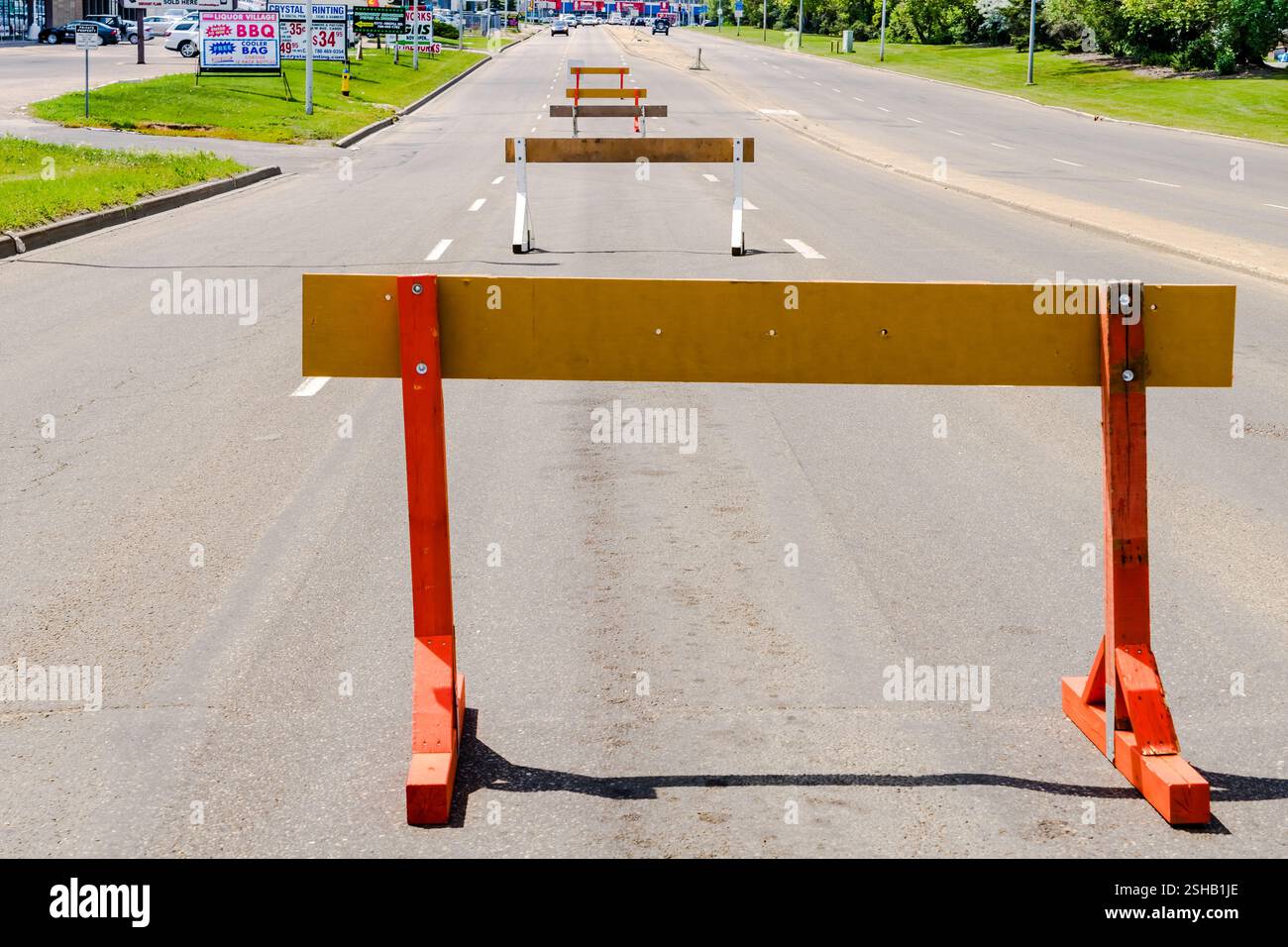 Traffic Barricades on close road line Stock Photo - Alamy