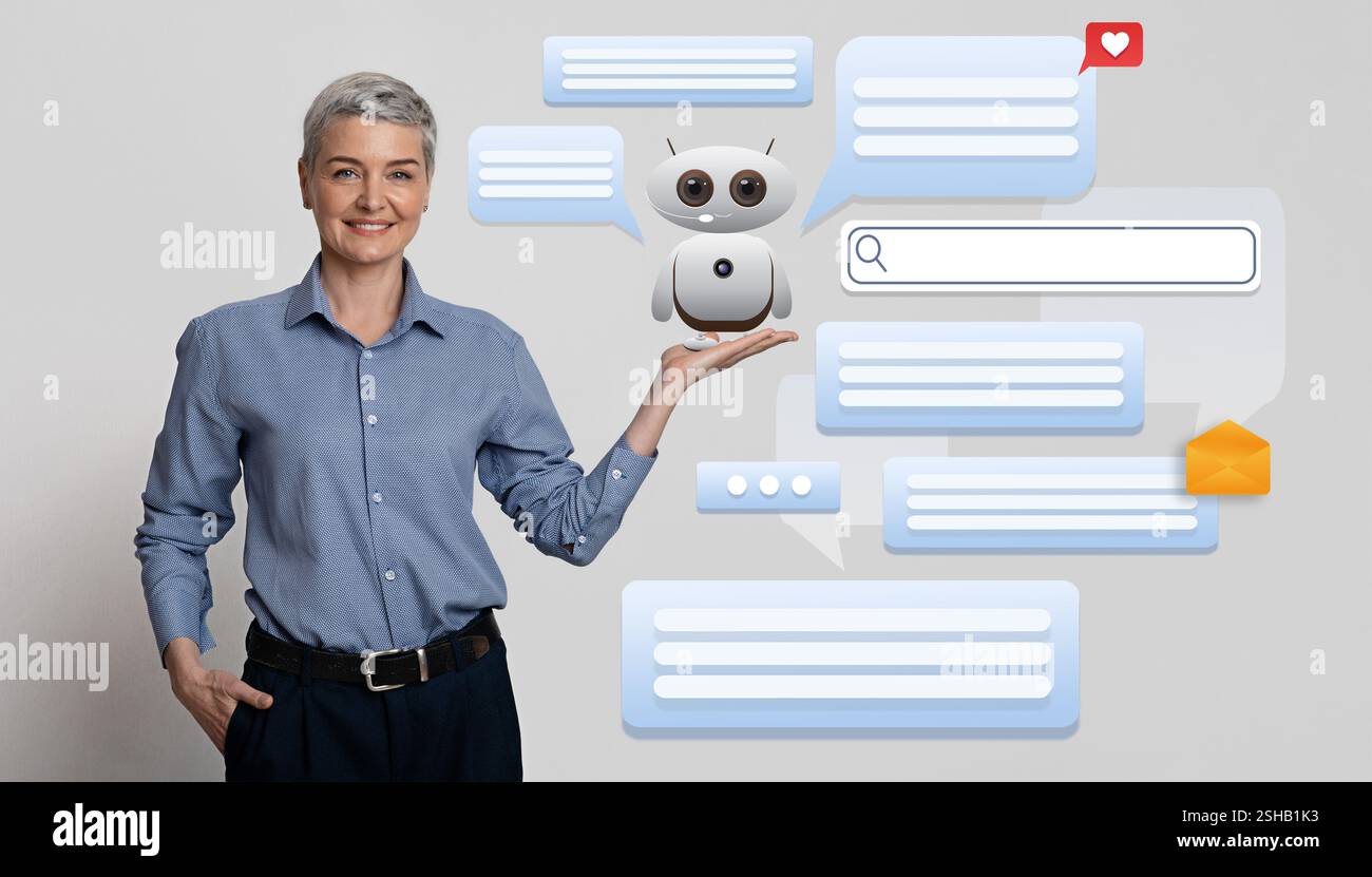 Engaging with a virtual assistant in a modern technology setting Stock ...