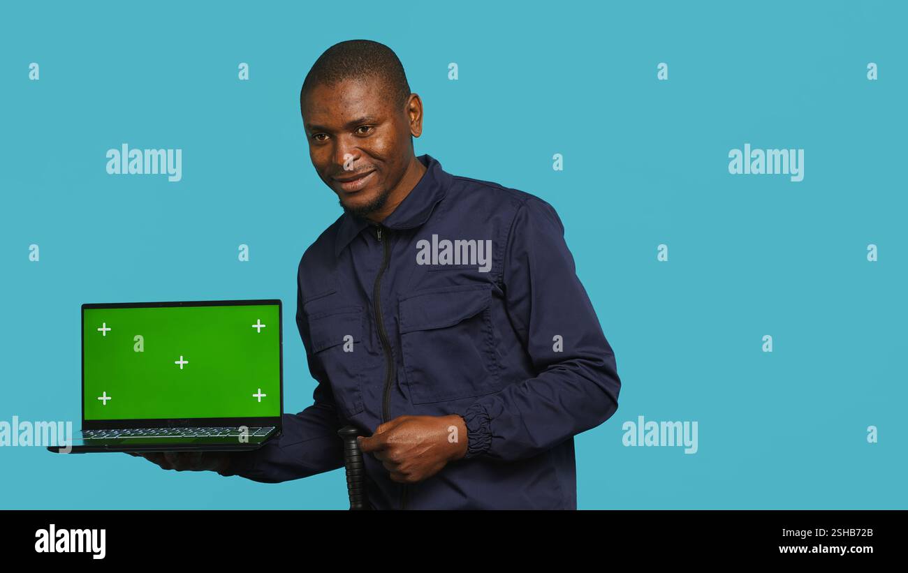 Radiant security guard working protection job presenting mockup laptop ...