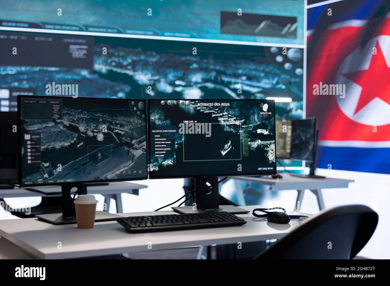 Armed forces military control center showing the North Korea flag ...