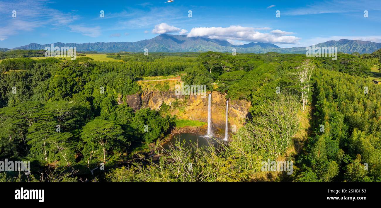 Aerial View of Wailua Falls and Lush Greenery on Kauai Island, Hawaii ...