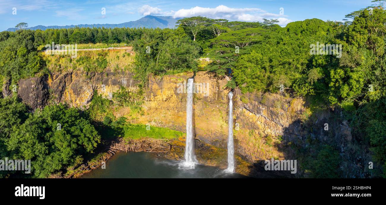Aerial View of Wailua Falls Cascading into a Pool in Kauai, Hawaii ...