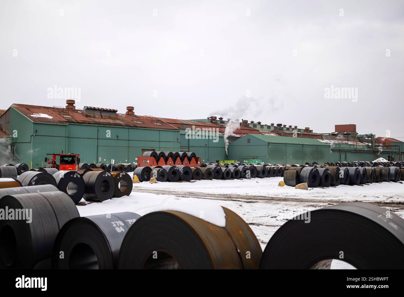 Hamilton, Canada. 10th Feb, 2025. Steel coils at the ArcelorMittal Dofasco steel production ...