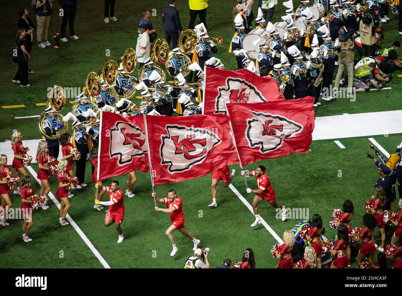 New Orleans, Louisiana, USA. 9th February, 2025. Kansas City Chiefs flags are run onto the field ...