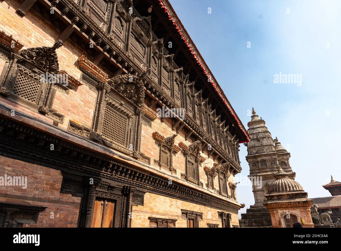 Facade of buildings in the Swayambhu Stupa, an ancient temple complex ...