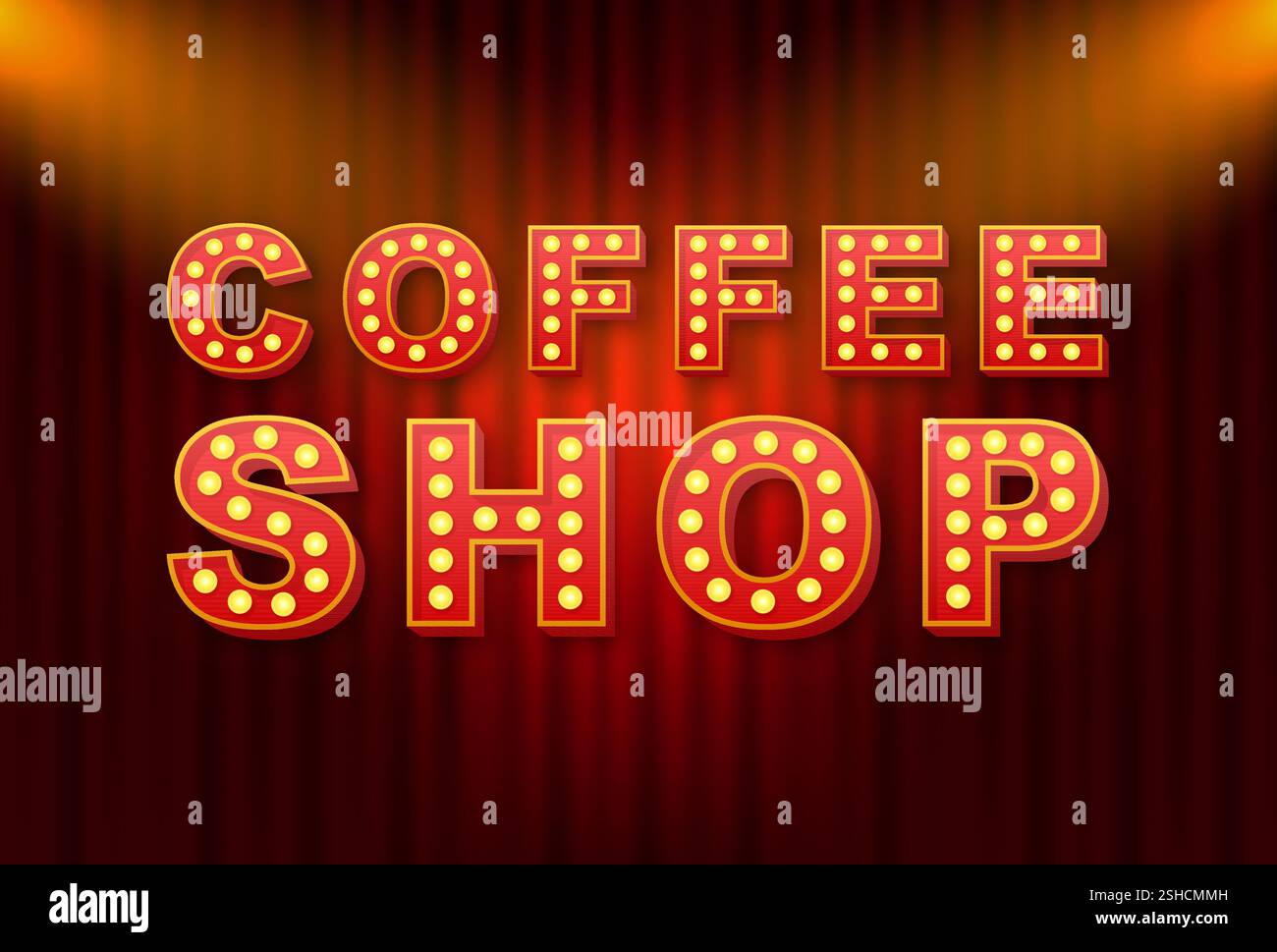 Coffee shop sign with glowing light bulbs on red curtain background ...