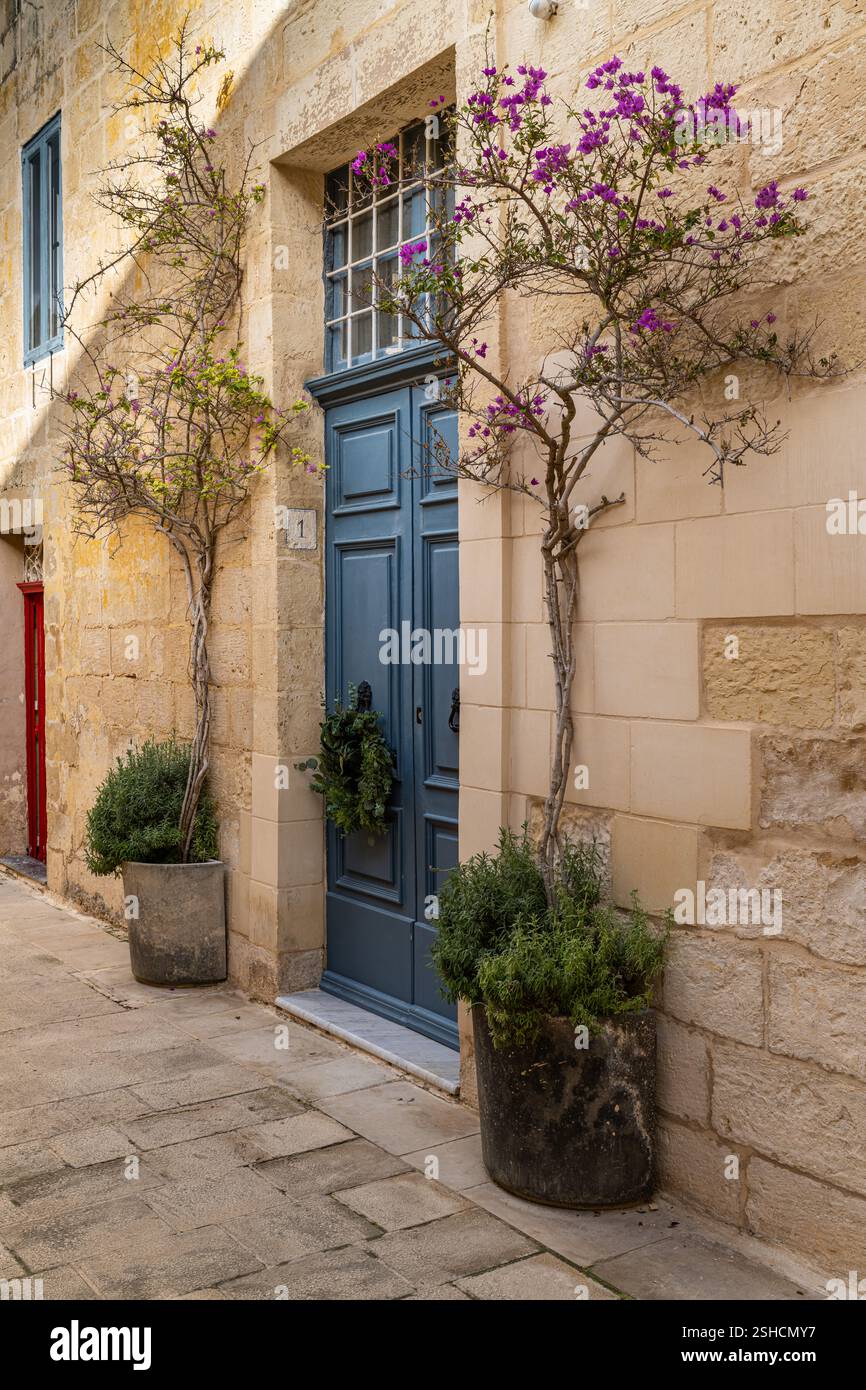 Traditional house detail in Malta. Limestone yellow bricks and colorful ...