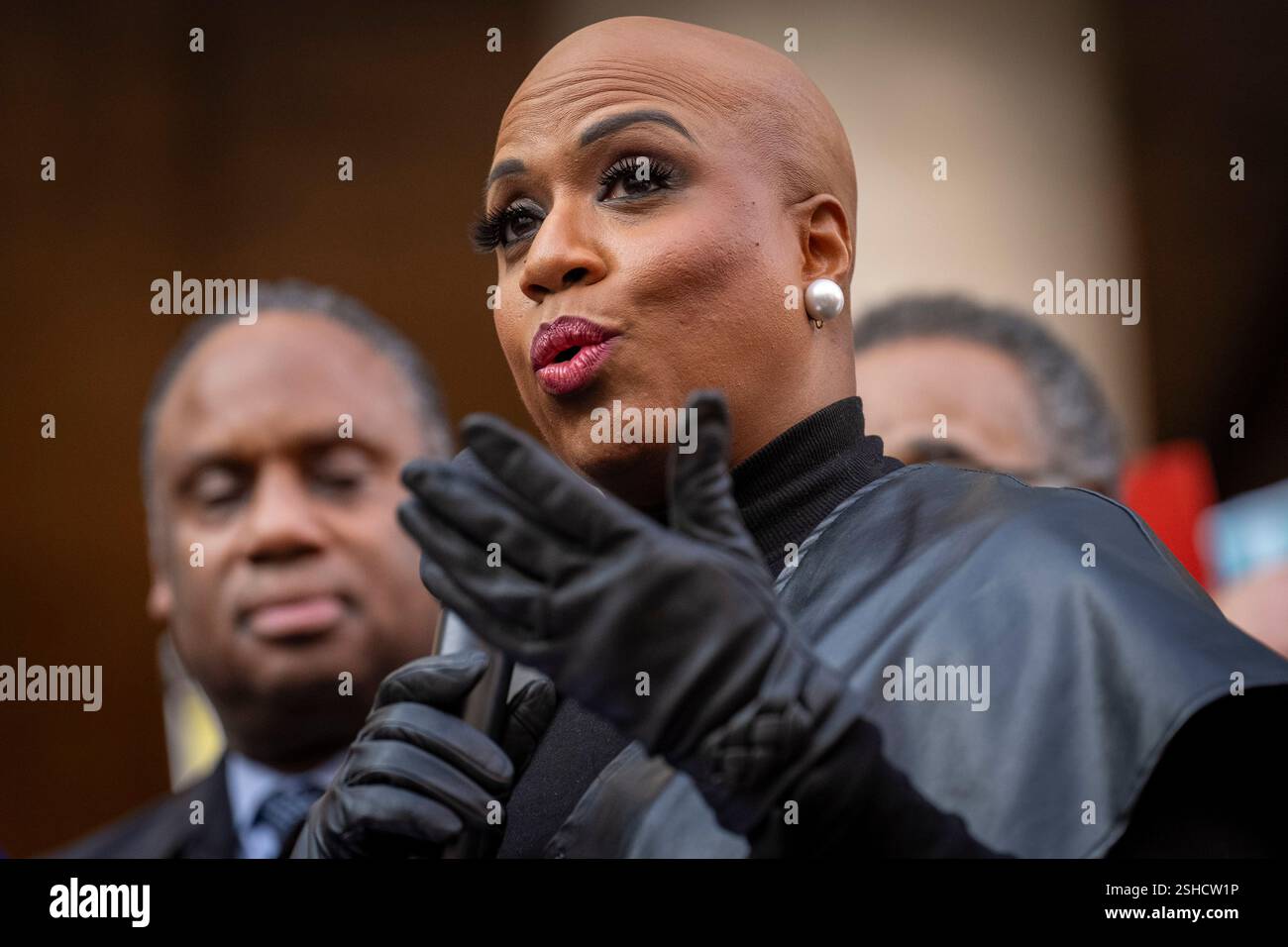 Rep. Ayanna Pressley, D-Mass., speaks during a protest in support of ...