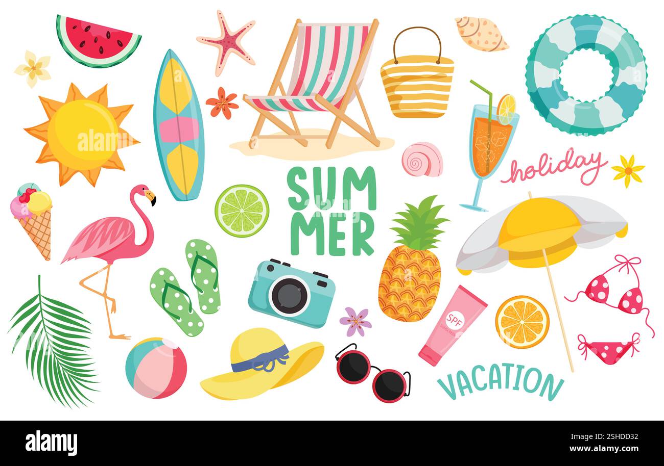 Summer elements icon clipart set. Summer graphic element colorful clip ...