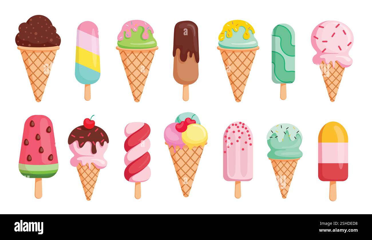 Ice cream colorful drawing clipart set. Popsicle stick and ice cream ...