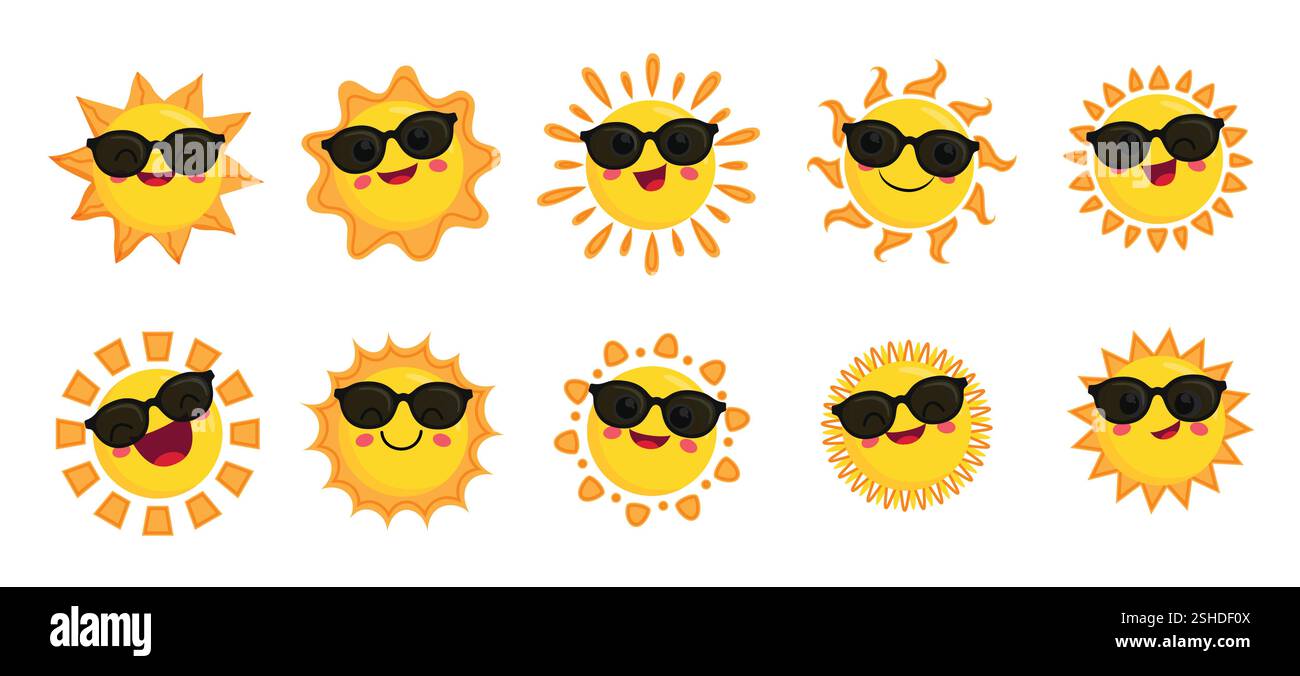 Sun face sunglasses clipart set. Yellow sun drawing characters wearing ...