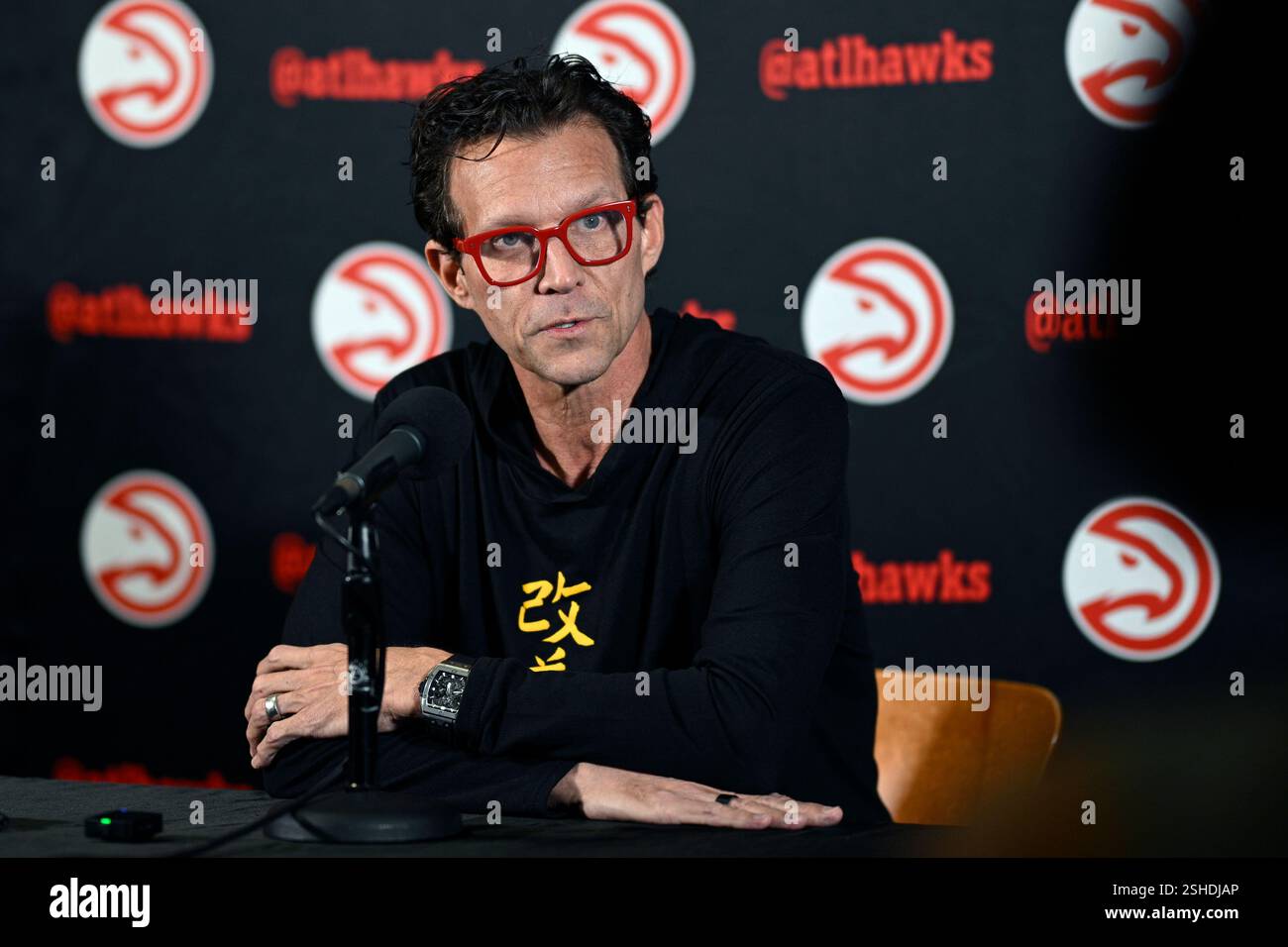 Atlanta Hawks head coach Quin Snyder talks with reporters before an NBA ...