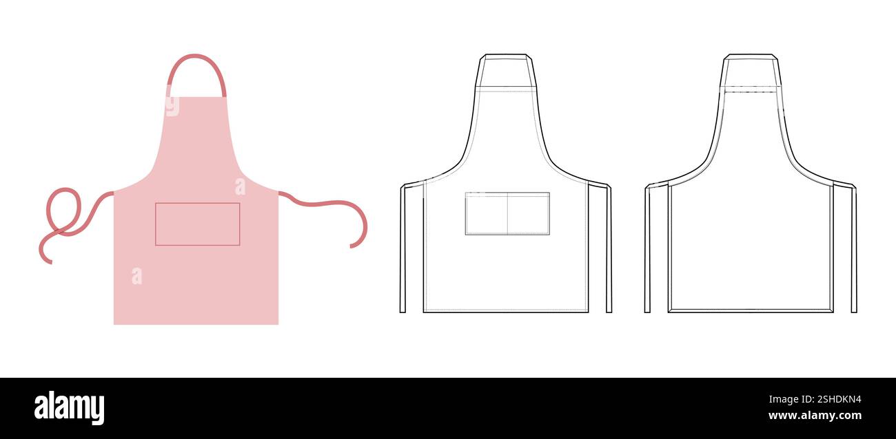 Set of Bib Aprons With Pocket technical fashion illustration. Chef ...