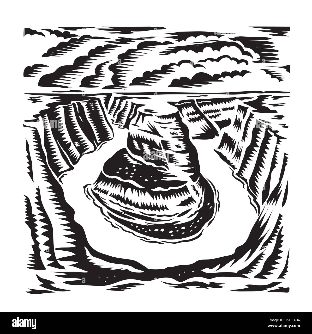 Retro woodcut style illustration of Horseshoe Bend within Glen Canyon ...