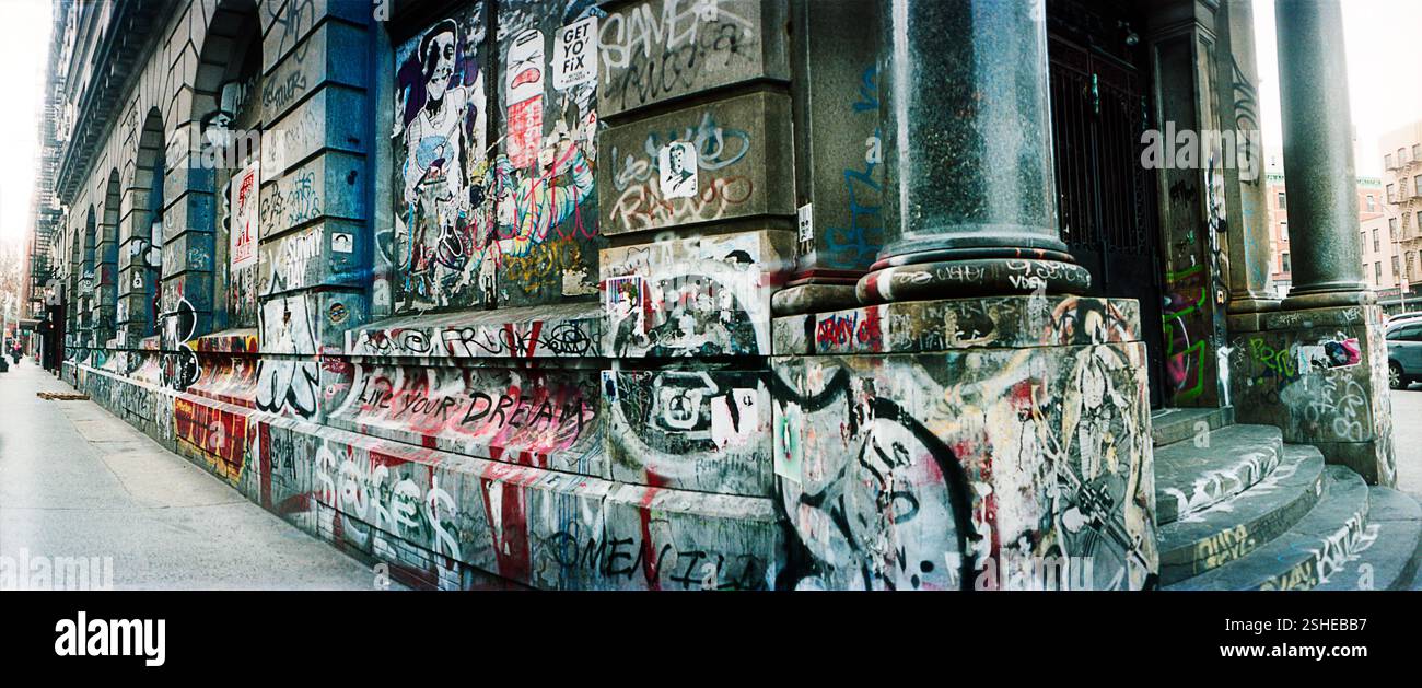 Panoramic view of the graffiti covered Germania Bank Building on Bowery ...