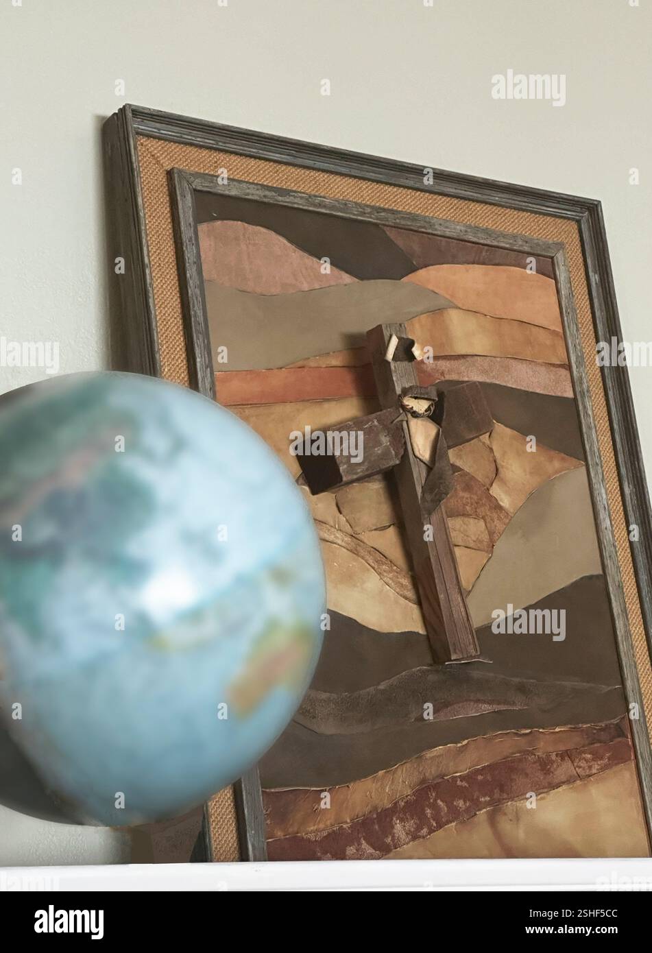 Leather craft wall image framed depicts wooden cross with Jesus Christ ...