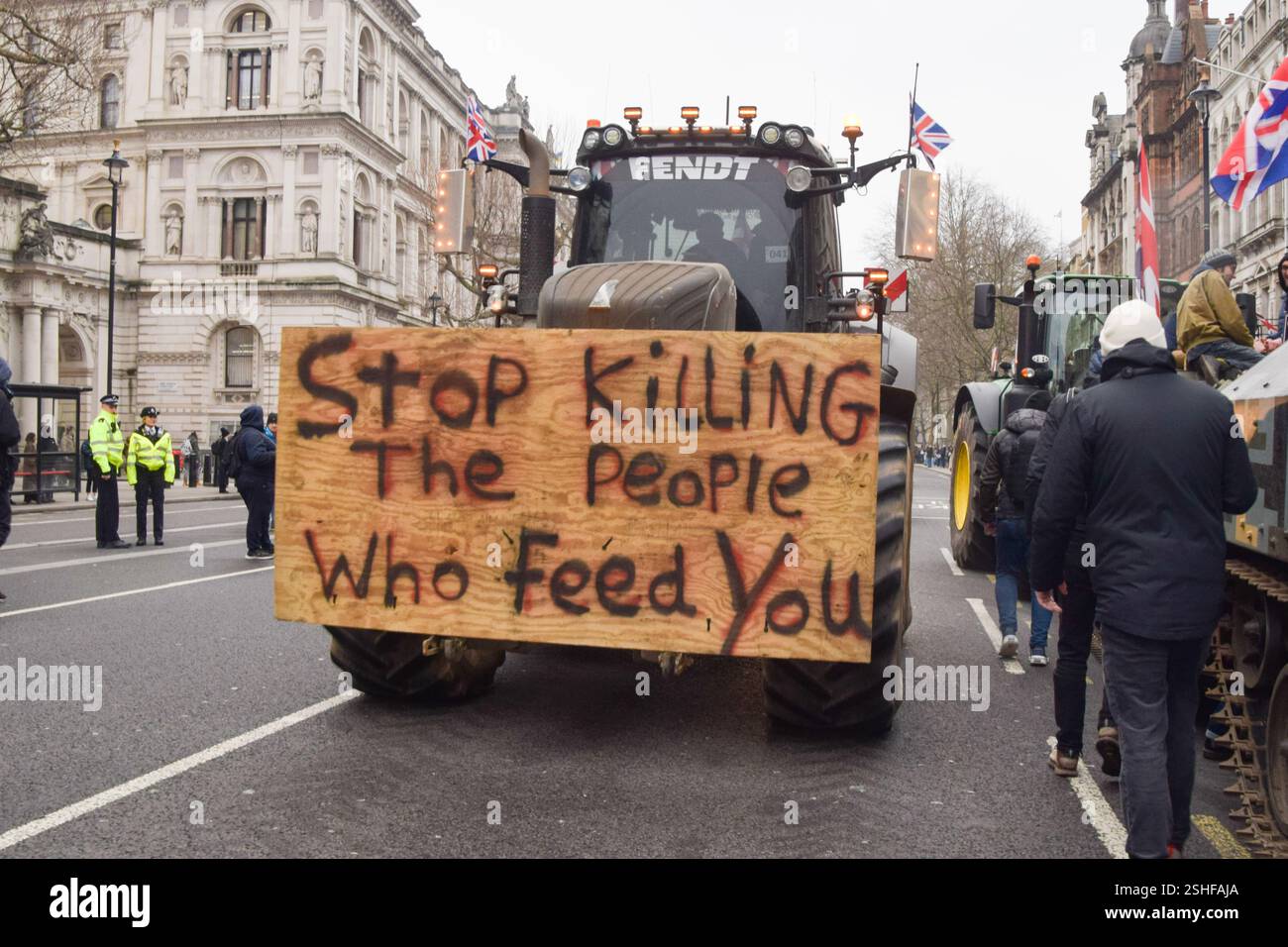 London, UK. 10th Feb, 2025. A tractor with a sign supporting farmers ...