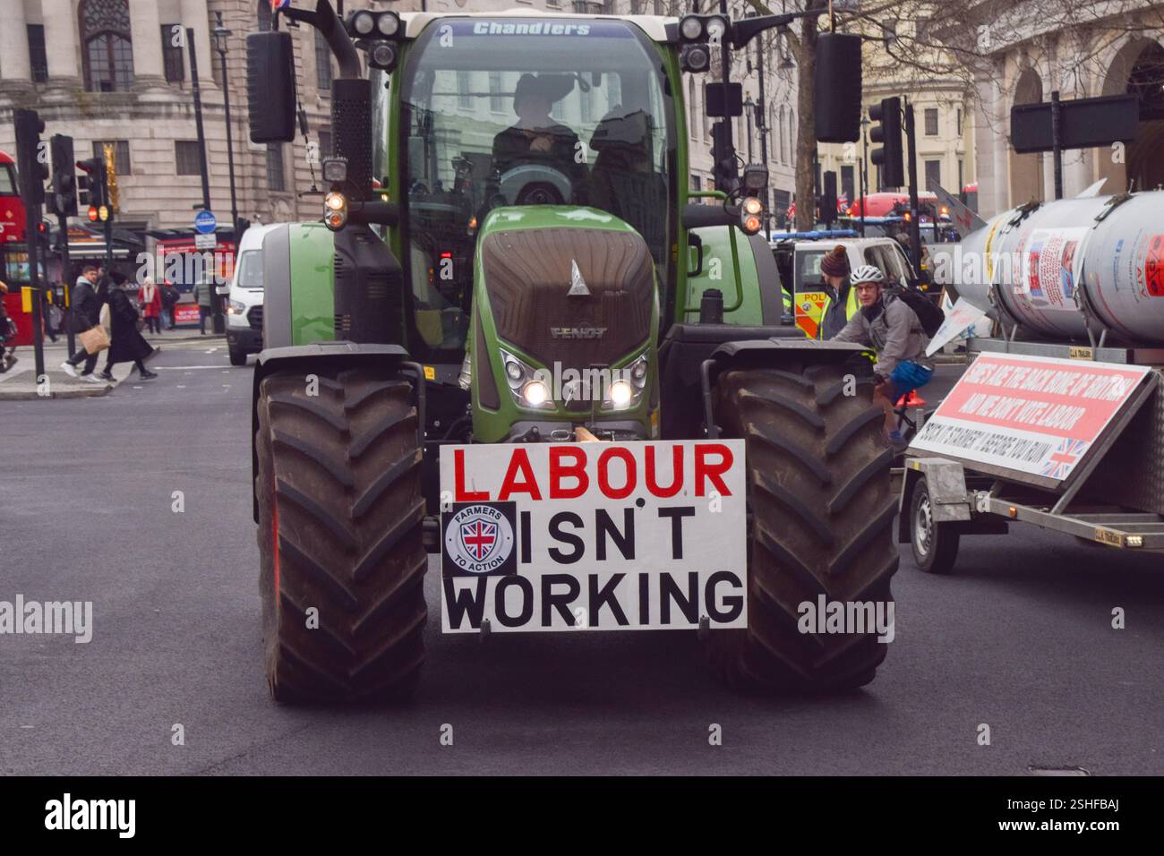 London, UK. 10th Feb, 2025. A tractor with a sign critical of the ...