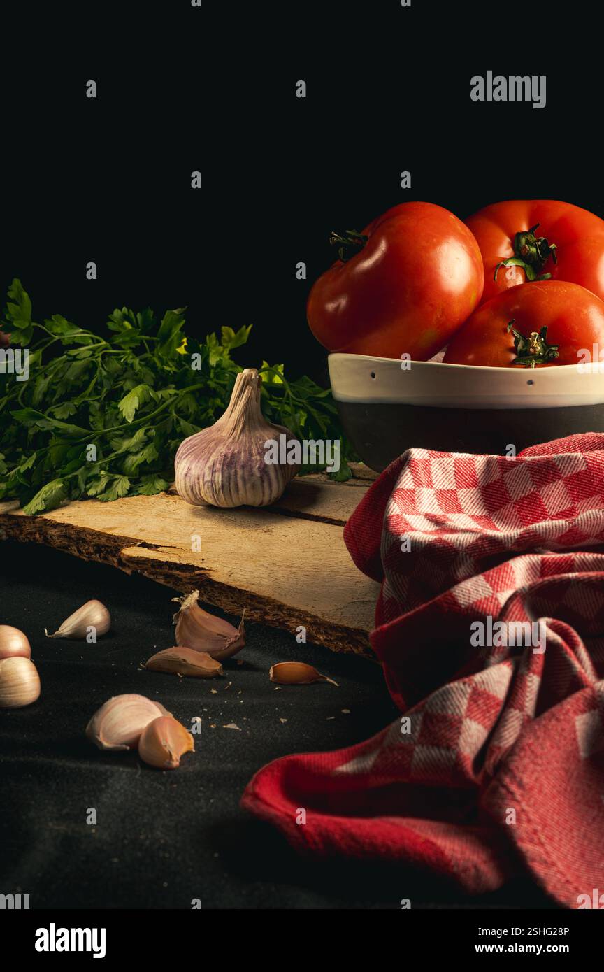 A beautifully composed still life featuring ripe red tomatoes in a ...