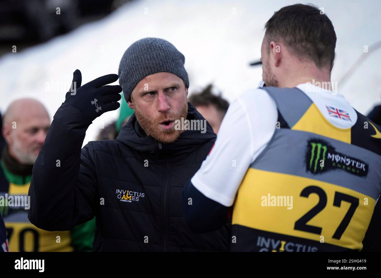 Britain's Prince Harry, the Duke of Sussex, speaks with a United ...