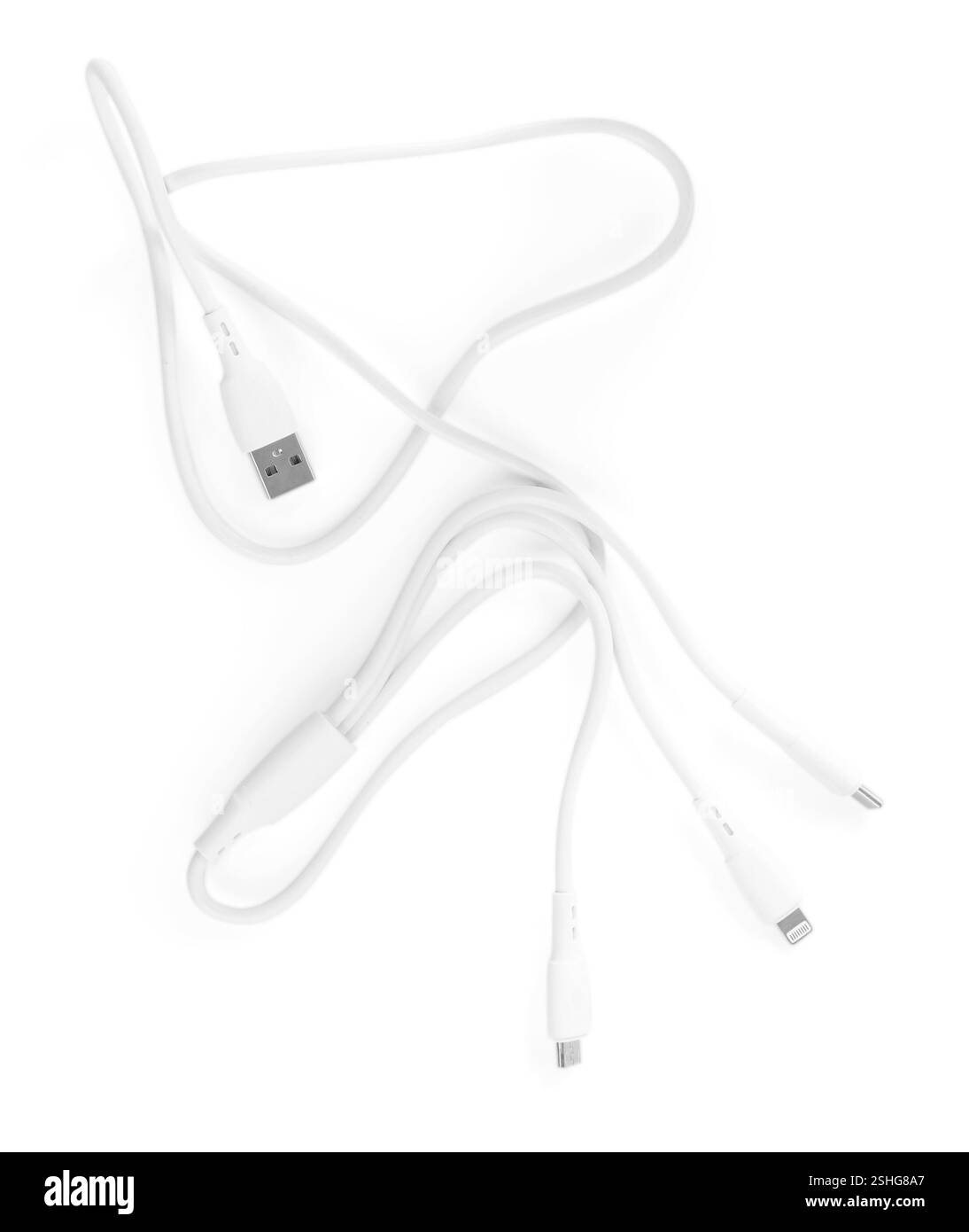 Triple charge cable isolated on white, top view Stock Photo - Alamy