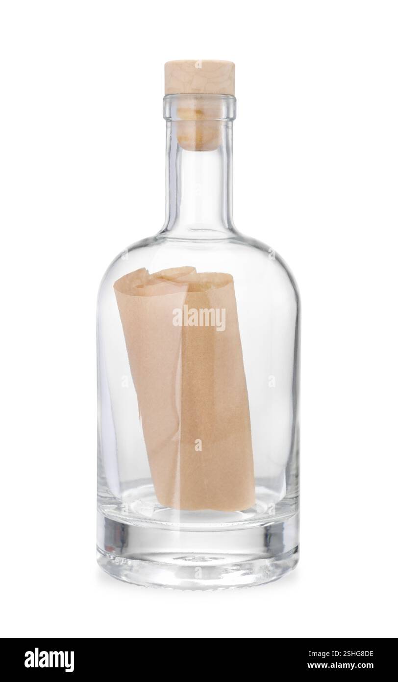 Corked glass bottle with rolled letter isolated on white Stock Photo ...