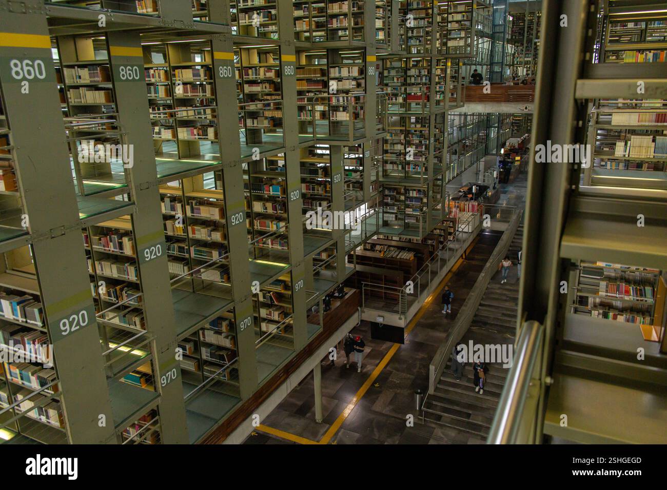 Close-up view of towering metal bookshelves at Biblioteca Vasconcelos ...