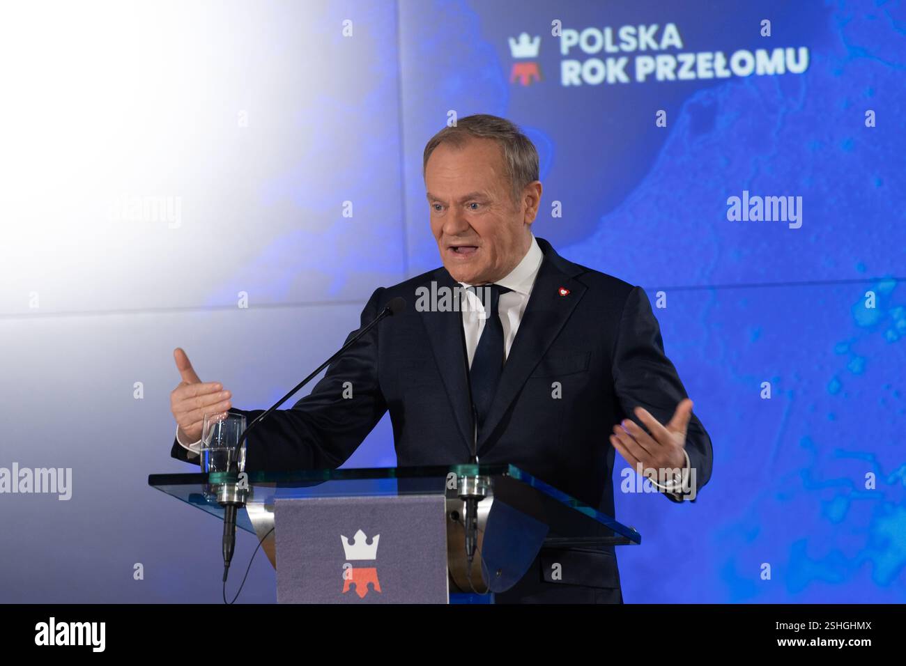 Warsaw, Poland. 10th Feb, 2025. Poland's Prime Minister Donald Tusk delivers a speech during an ...