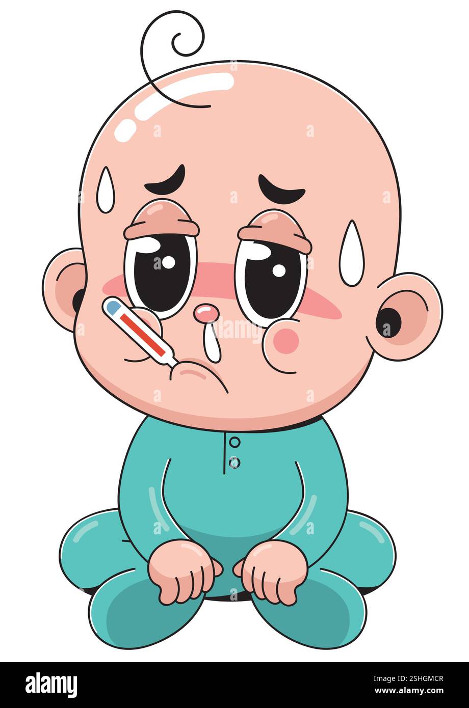 Sick Cartoon Baby with Thermometer and Sweat Drops Stock Vector Image ...