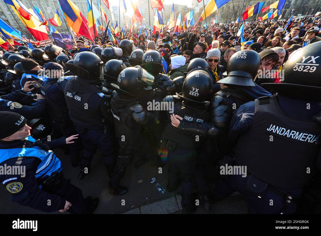 Bucharest, Romania. 10th Feb, 2025: Gendarmes clash with supporters of ...