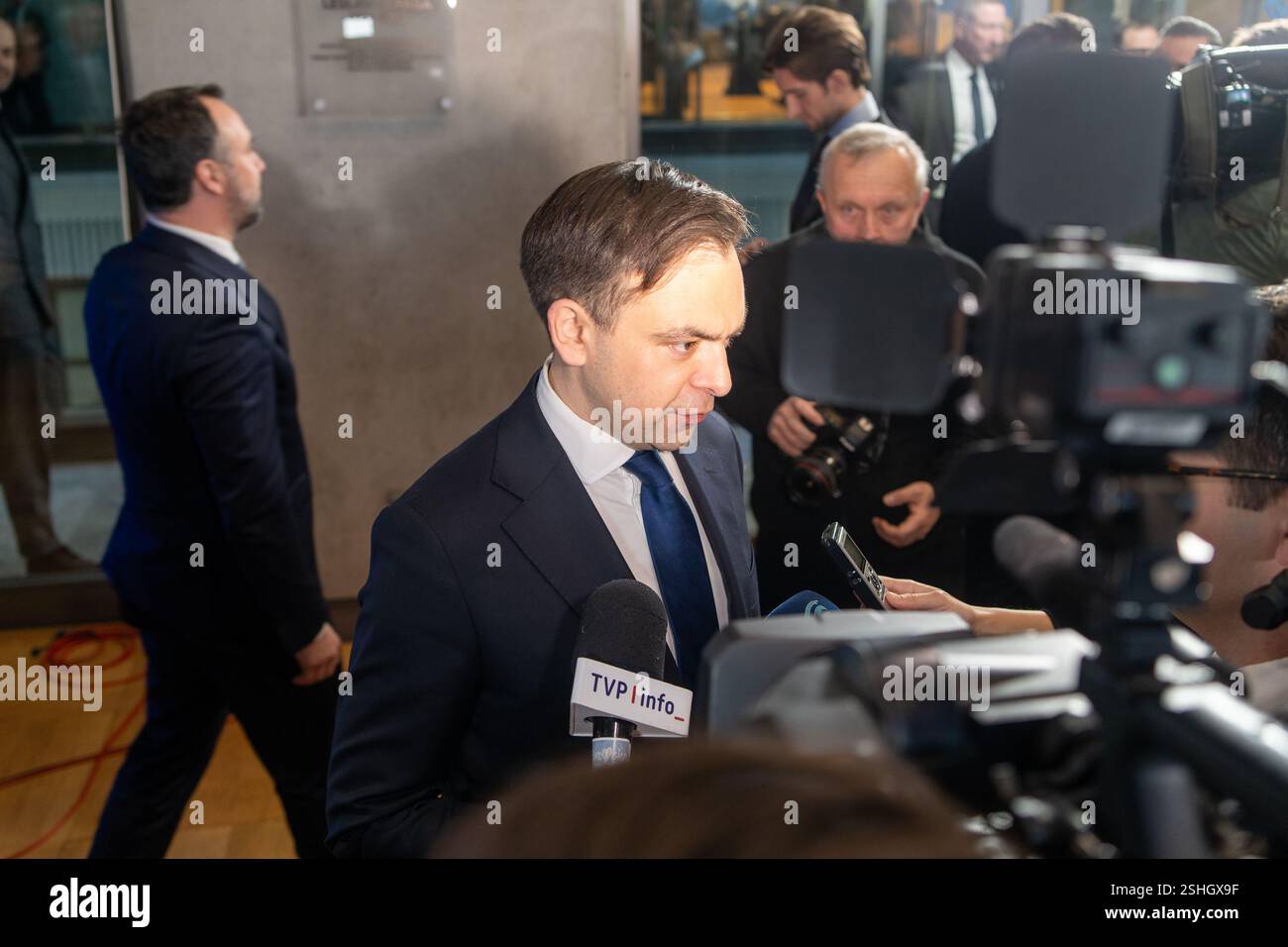 Polish Finance Minister Andrzej Domanski talks to the media during an ...