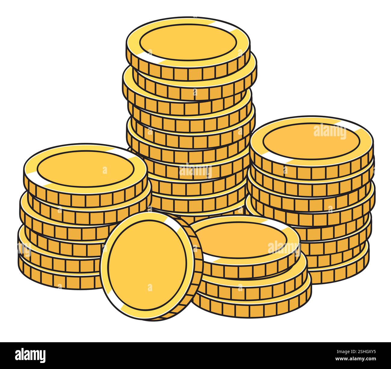 A cartoon-style illustration of multiple stacks of gold coins ...