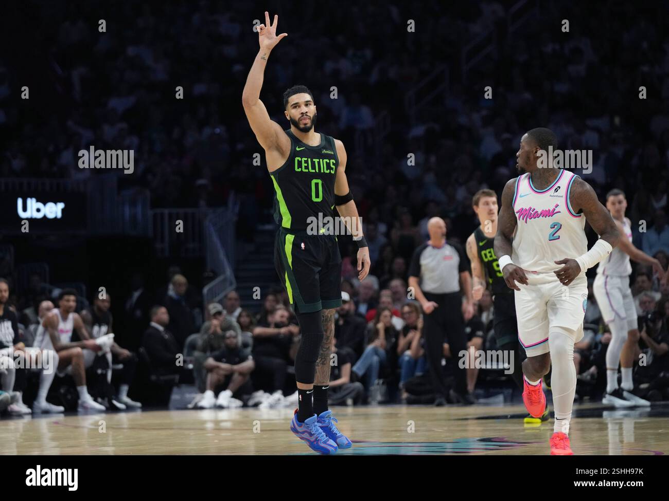 Boston Celtics forward Jayson Tatum (0) reacts after shooting a 3 ...