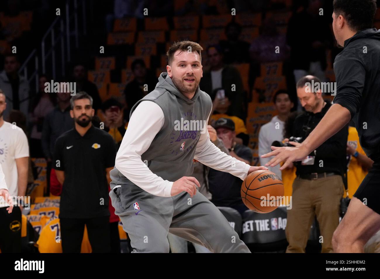 Los Angeles Lakers guard Luka Doncic warms up before an NBA basketball ...