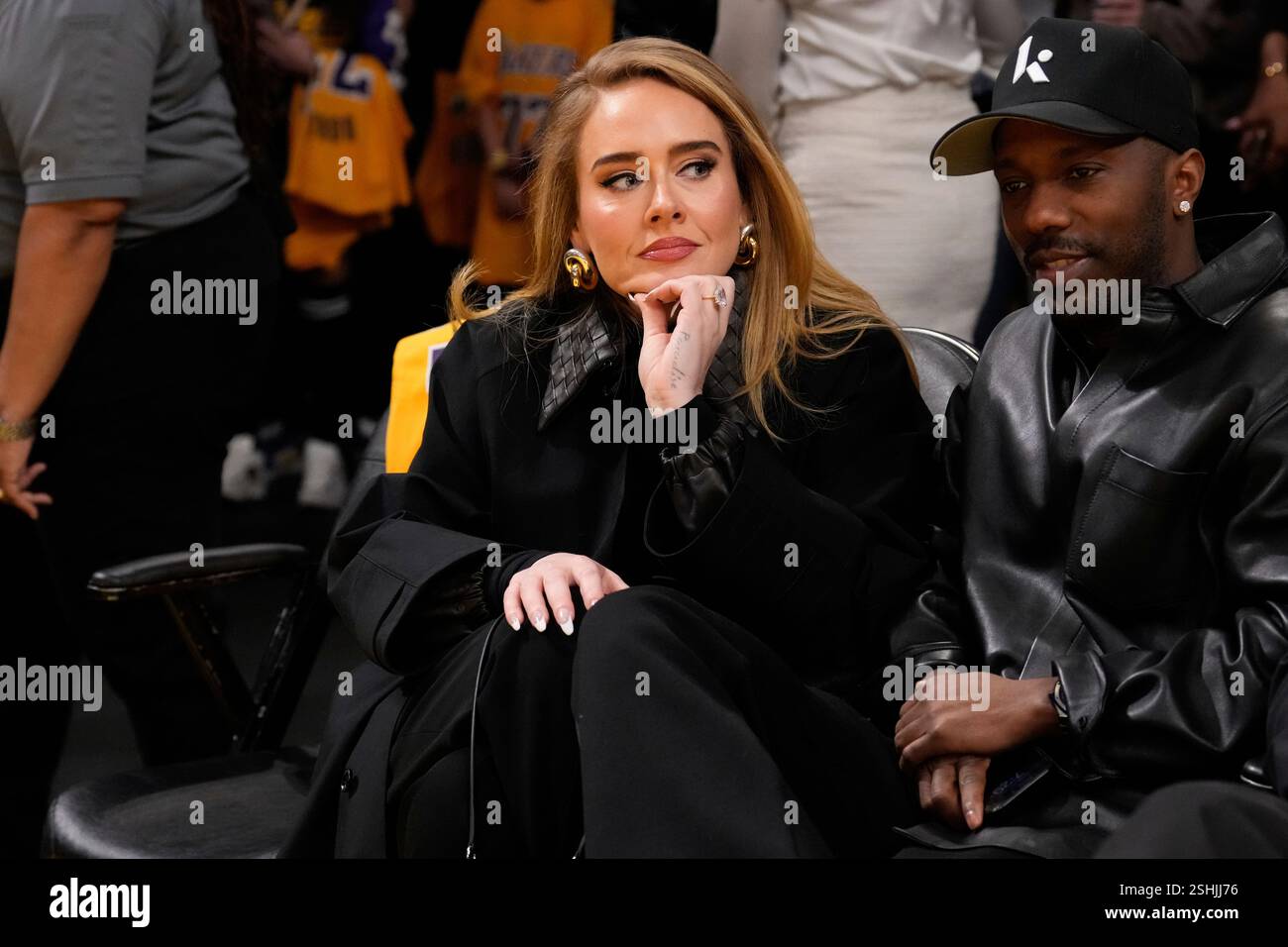 Singer Adele looks on before the Los Angeles Lakers host the Utah Jazz ...