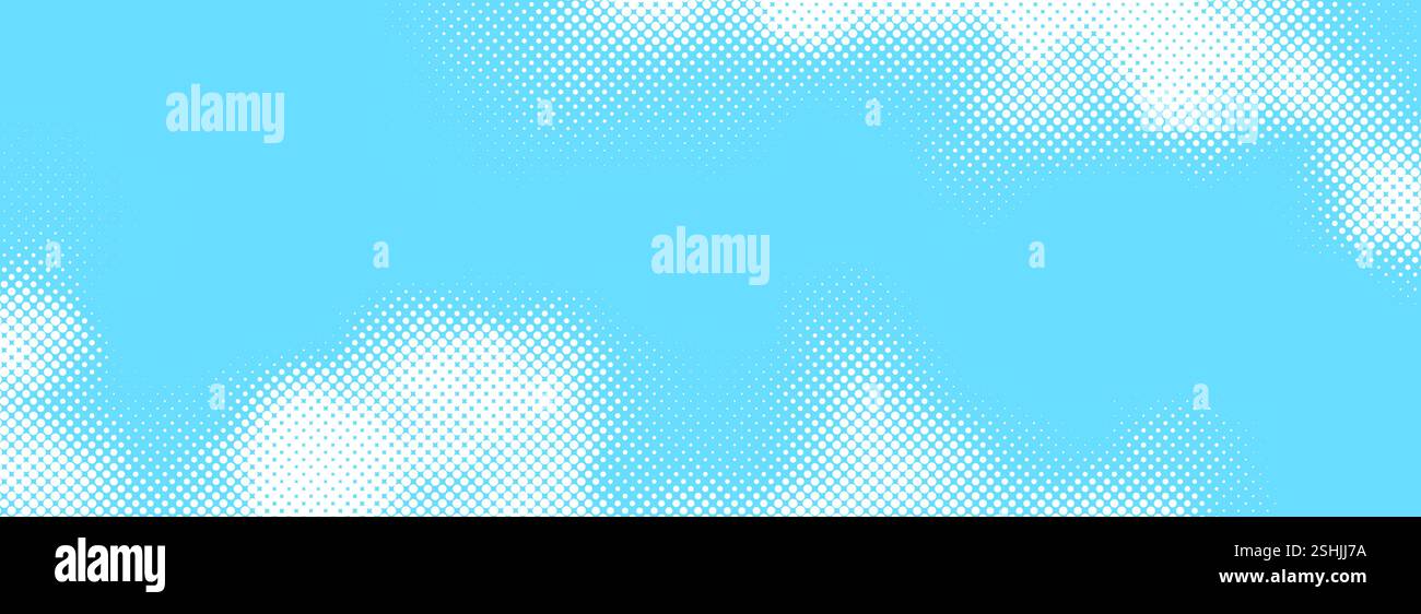 Halftone cloud background. White dotted clouds in blue sky. Pop art ...