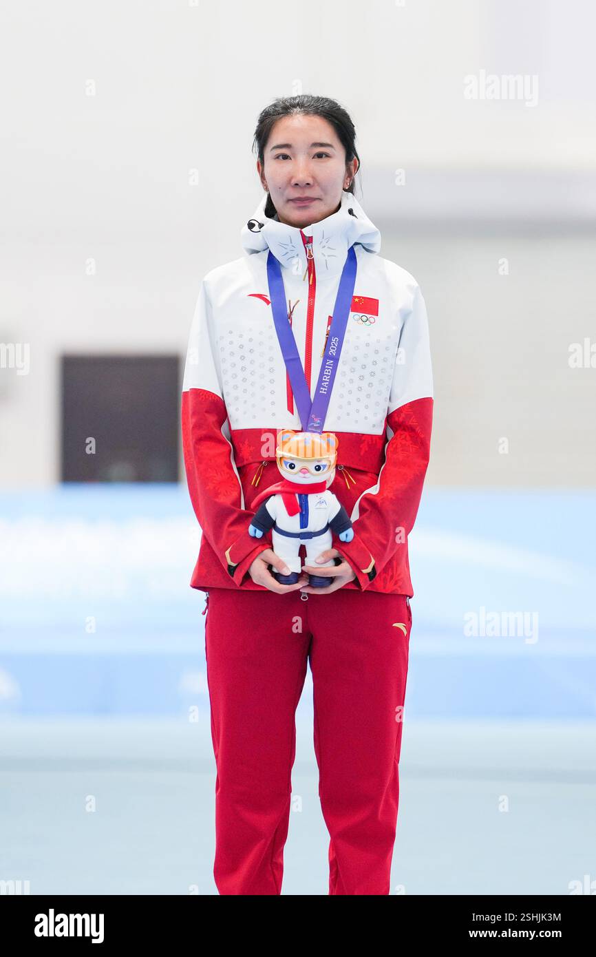 Harbin,China.10th February 2025. Sliver medalist Han Mei of China poses ...