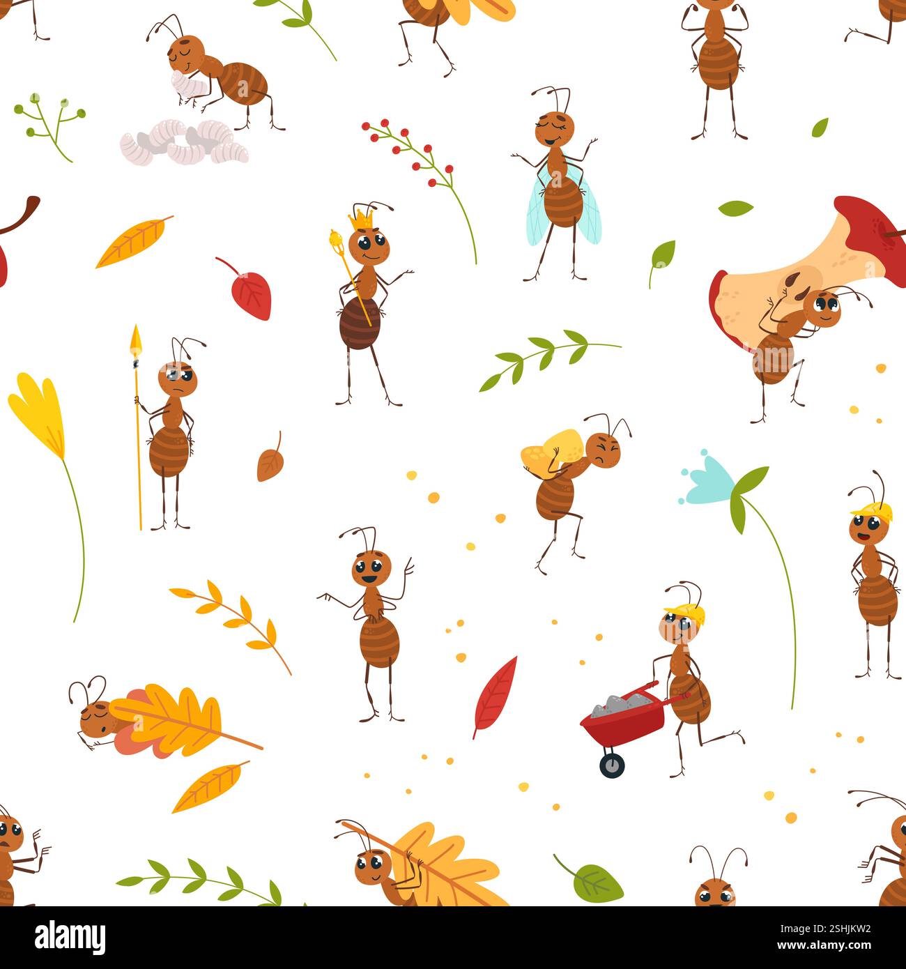 Cartoon ant seamless pattern. Cute ants various activities, isolated ...