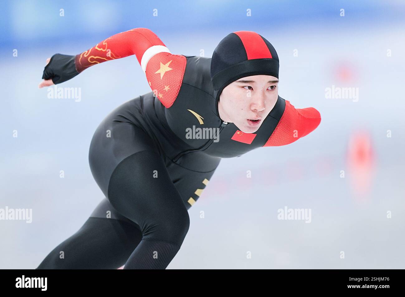 Harbin,China.10th February 2025. Han Mei of China competes in the Speed ...