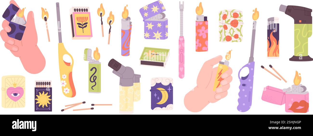 Gas lighter set. Various lighters with stylish prints, handy devices ...