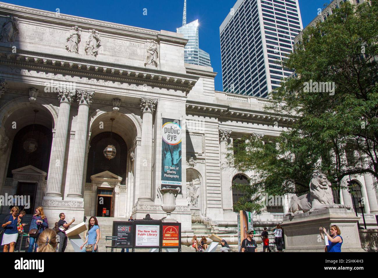 The Public Library and the Lion Sculpture,n Midtown Manhattan, New York ...