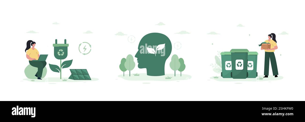 CO2 neutrality. Recycling illustrations set. Reduce, reuse, recycle and zero waste concept. Low ...