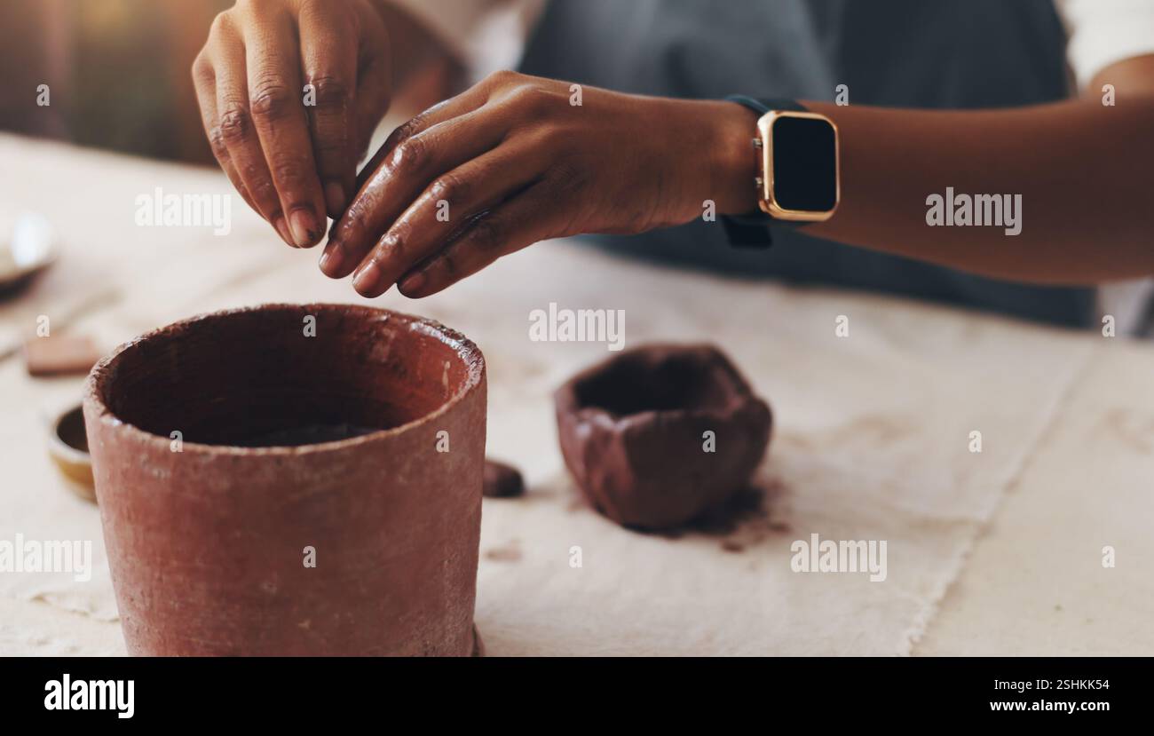 Woman, hands and molding clay at workshop, design process and practice ...