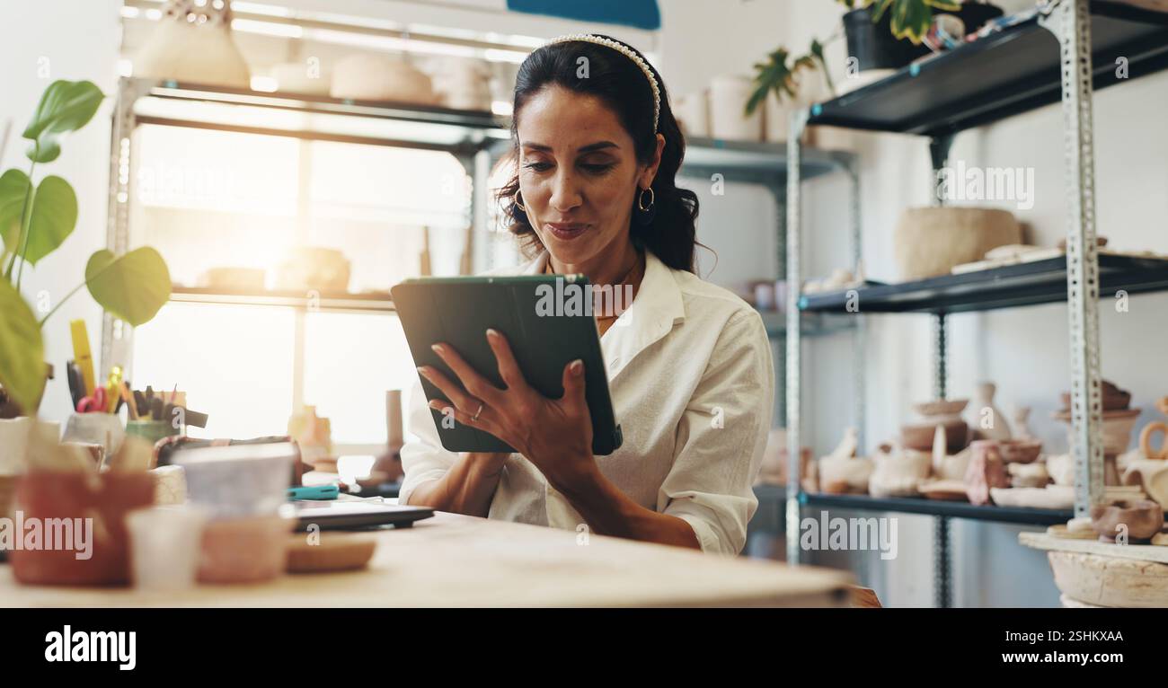 Small business, smile and woman with tablet, pottery and happy for ...