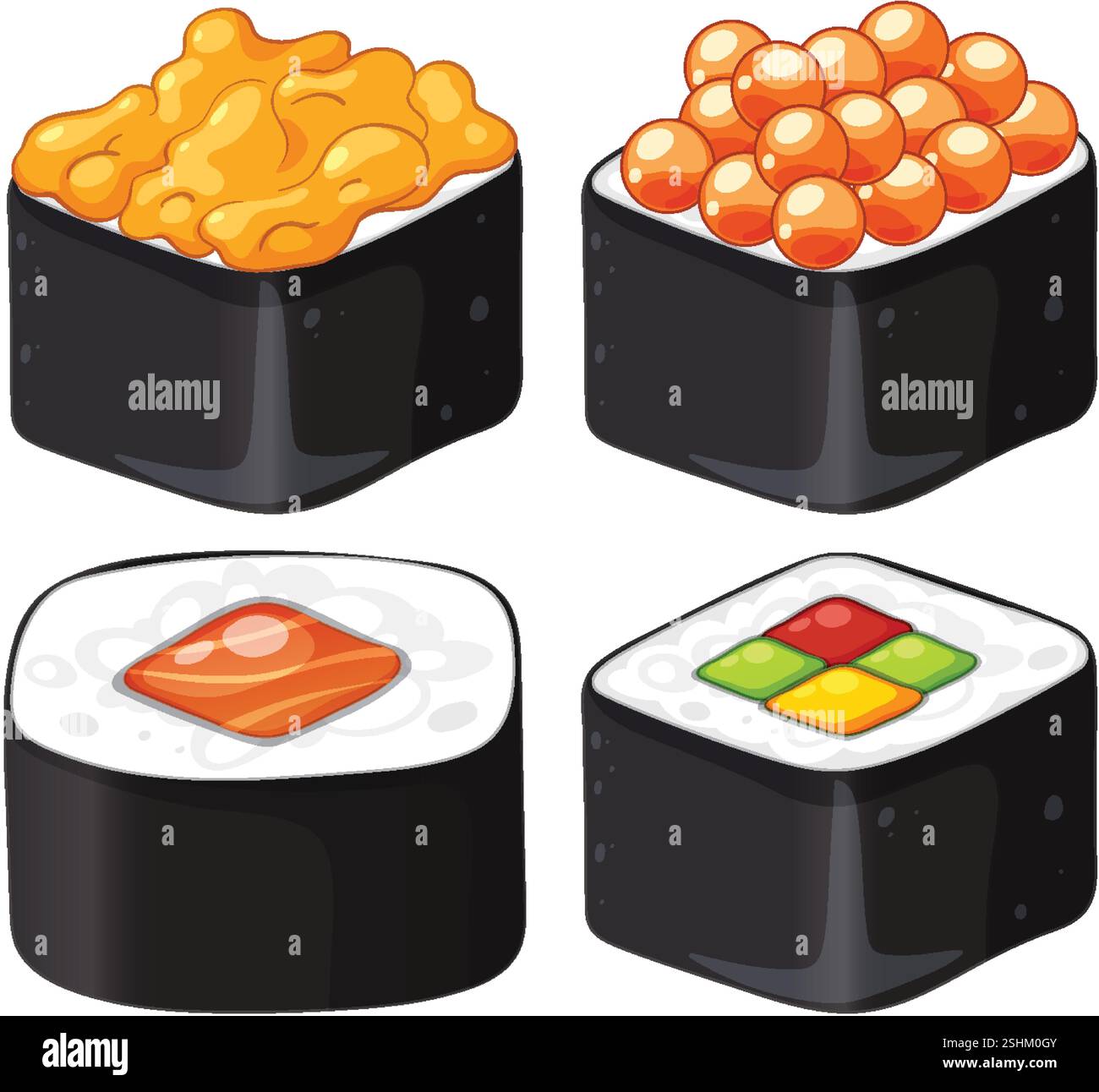 Four sushi pieces with diverse toppings displayed Stock Vector Image ...
