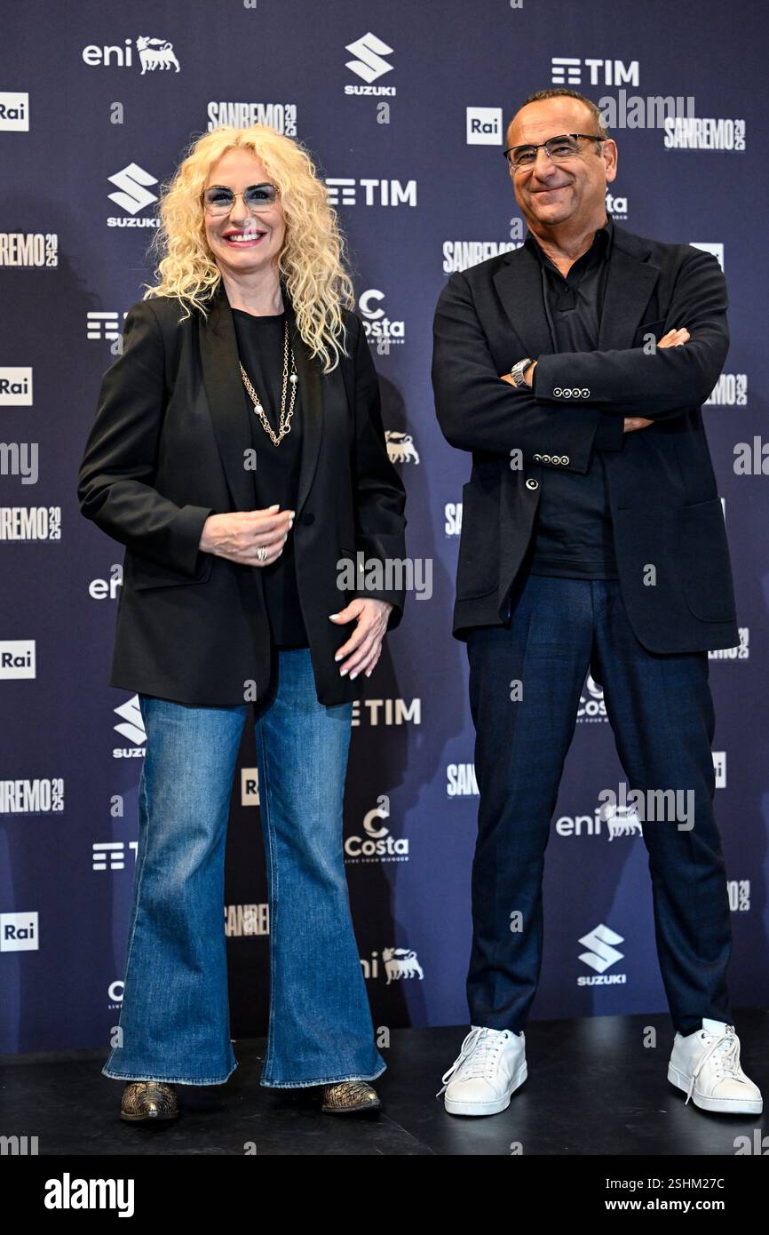Sanremo, Italy. 10th Feb, 2025. (L-R) Antonella Clerici, Carlo Conti ...