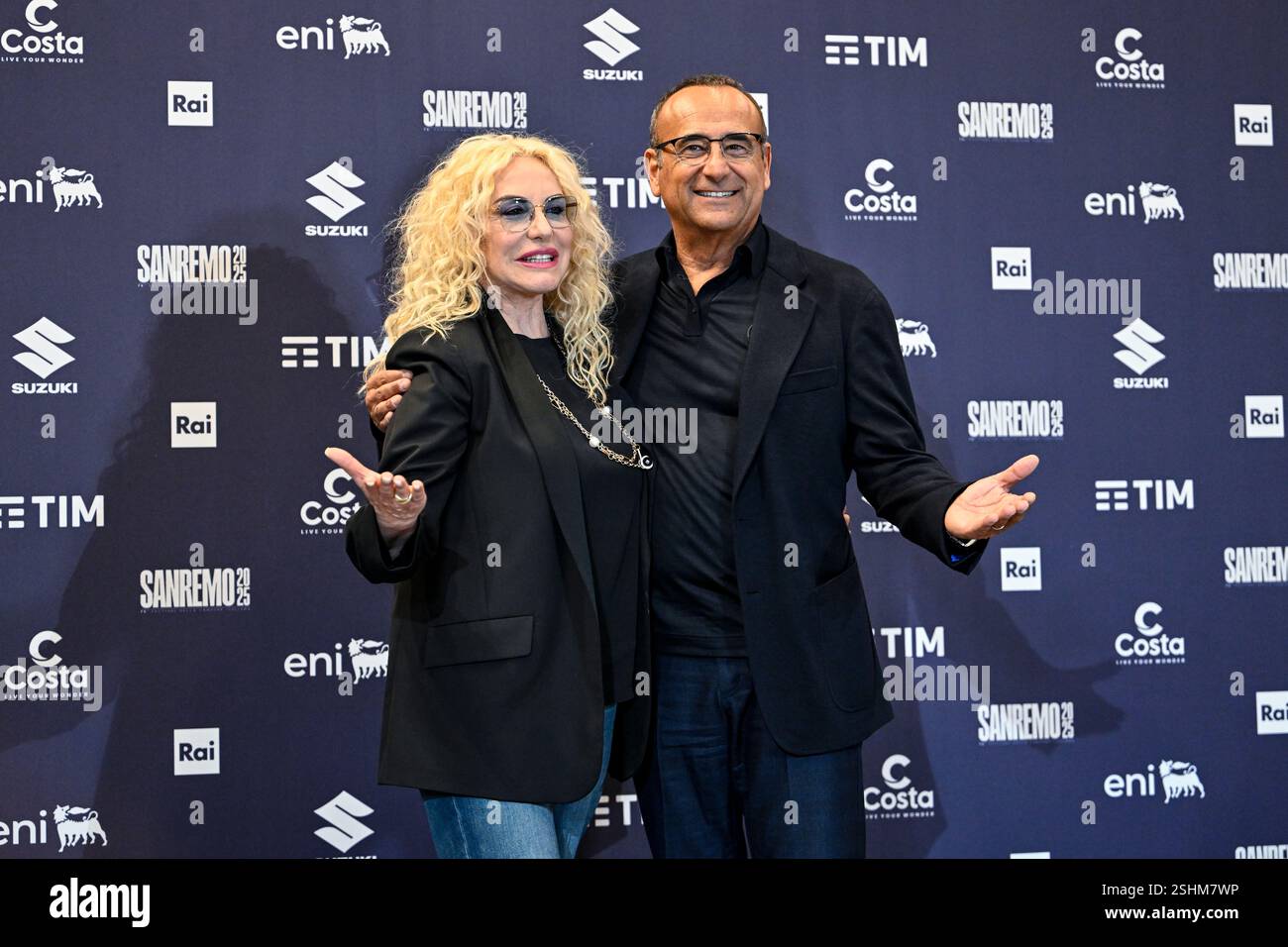 Sanremo, Italy. 10th Feb, 2025. (L-R) Antonella Clerici, Carlo Conti ...